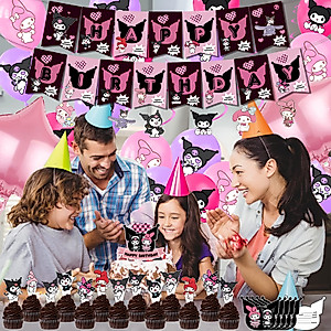 118 Pcs Kuromi Birthday Decorations Kuromi Party Decorations,Kuromi Party Supplies Including Birthday Banner ,Hanging Swirl,Cake Topper , Cupcake Topper,Invitation Card, Stickers for Girls