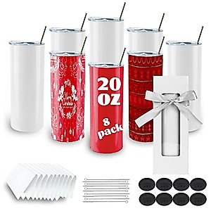 8 Pack Sublimation Tumblers bulk 20 oz Skinny,Stainless Steel Double Wall Insulated Straight Sublimation Tumbler Cups Blank White with Lid, Straw, Individually Boxed,Polymer Coating for Heat Transfer