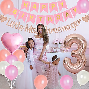 JOYMEMO 3rd Birthday Decorations for Girls Pink and Rose Gold Happy Birthday Banner Cake Topper, Little Miss Threenager Garland, Rose Gold Large Number 3 Foil Balloon and Pink Heart Balloons