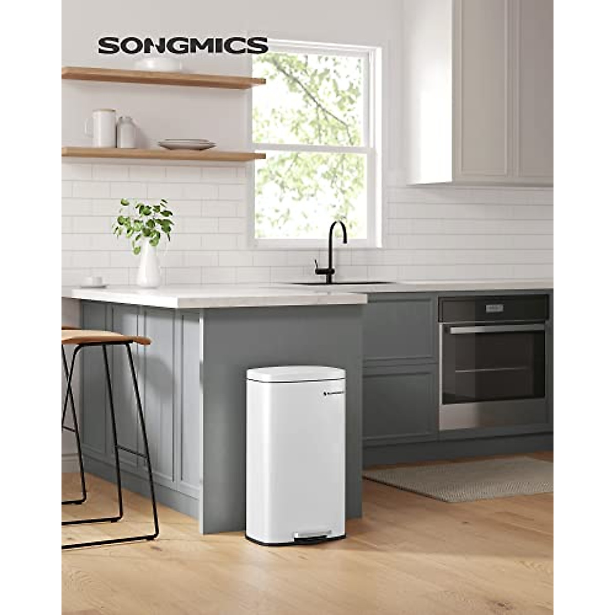 SONGMICS 8-Gallon Trash Can, Stainless Steel, with Hinged Lid, Plastic Inner Bucket, Soft Closure, Odor Proof, Hygienic, White
