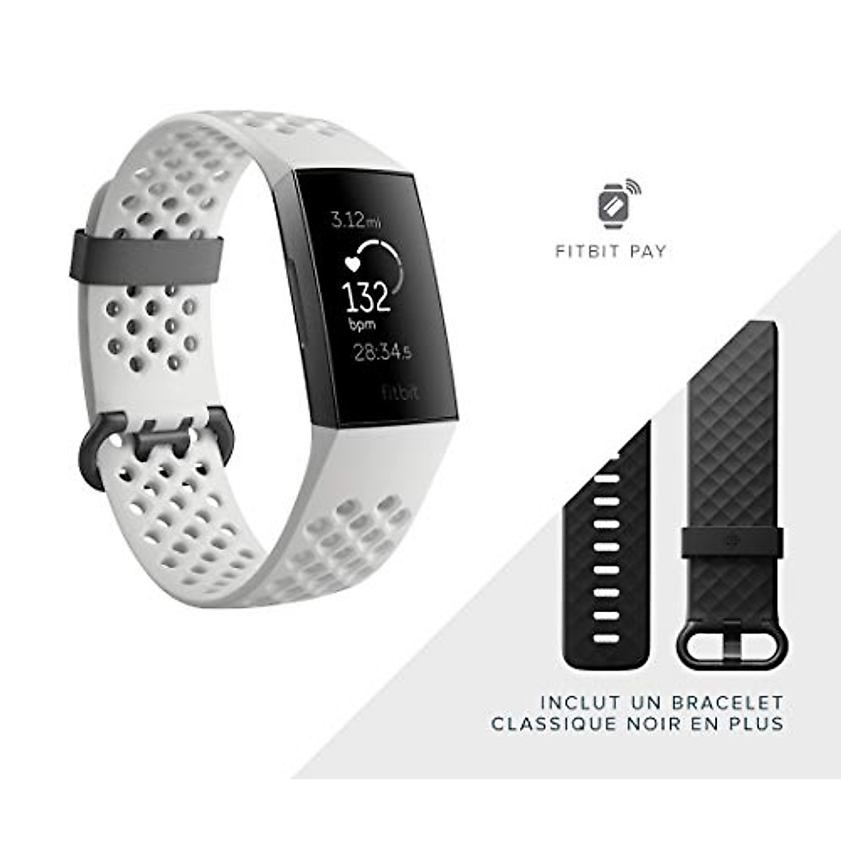 Fitbit Charge 3 Special Edition Fitness Activity Tracker Graphite/White Silicone, one Size, 0.06 Pound