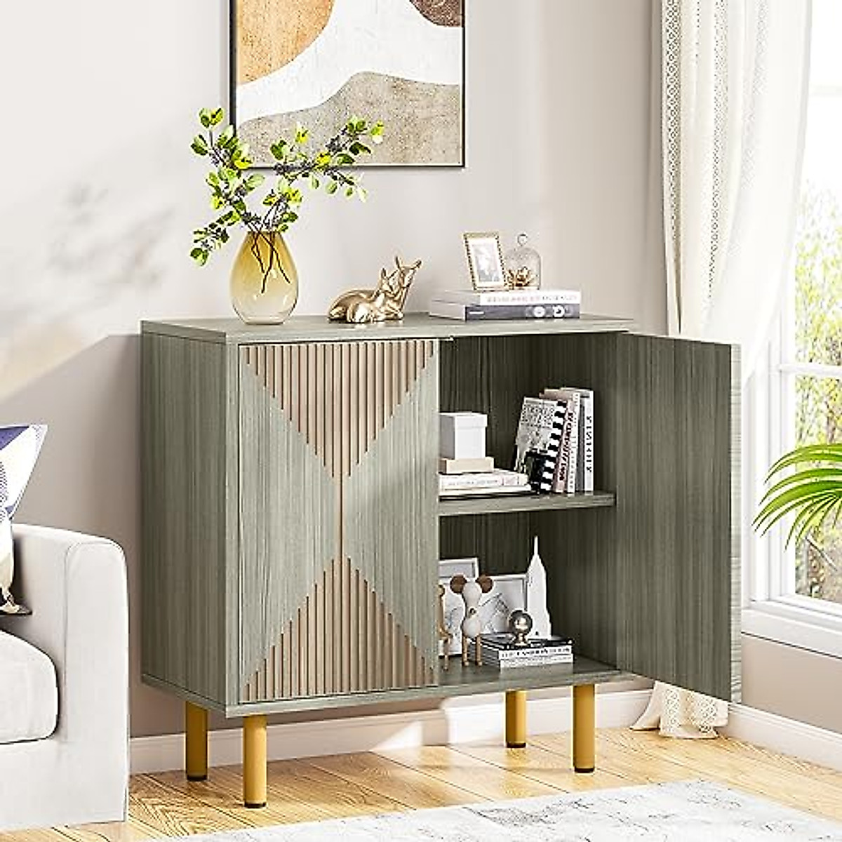 Tribesigns Modern Grey Storage Cabinet Set, Freestanding Floor Cabinet, Classic 59 inches Sideboard, Wood Buffet Cabinet with Doors, Large Storage Cabinet for Living Room, Dining Room, Garage