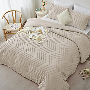 CozyLux Twin/Twin XL Size Comforter Set Beige - 1 Pieces Boho Tufted Shabby Chic Bedding Comforter Set for All Seasons, Chevron Bedding Sets with Comforter & 1 Pillow Shams