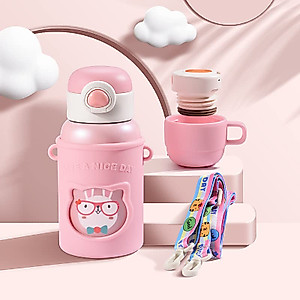 17 oz Kids Insulated Water Bottles with Sleeve - BPA Free Leakproof Sport stainless steel Motivational Water Bottle with Straw & Strap & Insulated Neoprene Holder Great Gift for Kids Women Men (Pink)