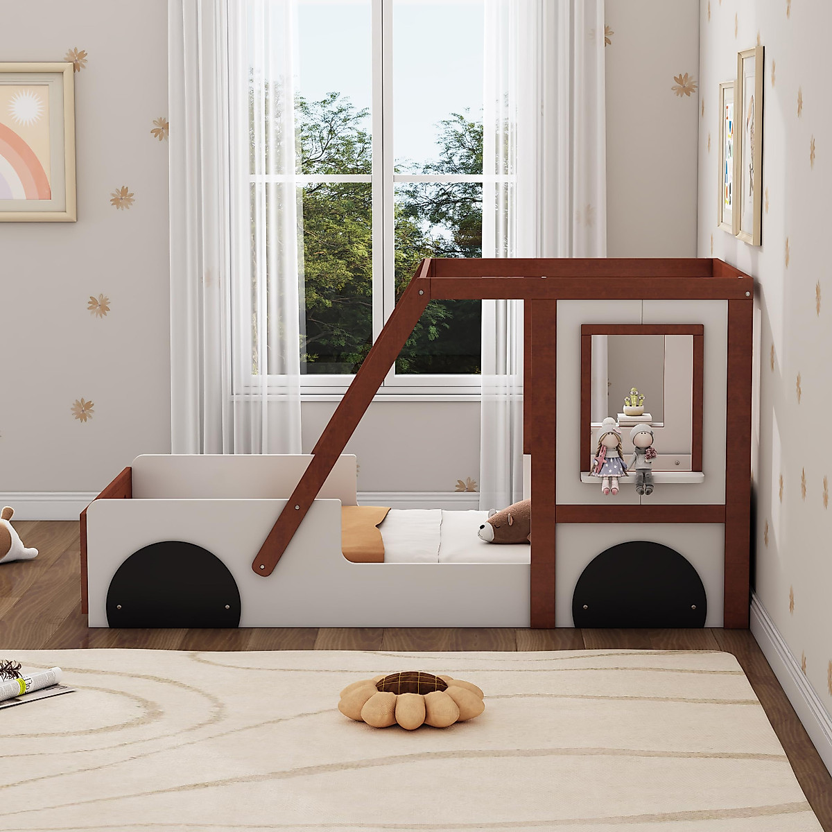 Twin Size Car Bed, Wood Racecar Bed Frame with Fence Railings and Canopy, Kids Floor Bed Frame in Car-Shaped for Boys Girls Teens, White with Walnut