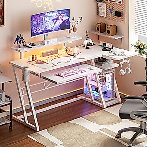 armocity L Shaped Gaming Desk with LED Lights and Outlets, White PC Gaming Desk with Monitor Stand and Shelves, Reversible Gaming Computer Desk with Keyboard Tray & Z-Shape Legs, 47"