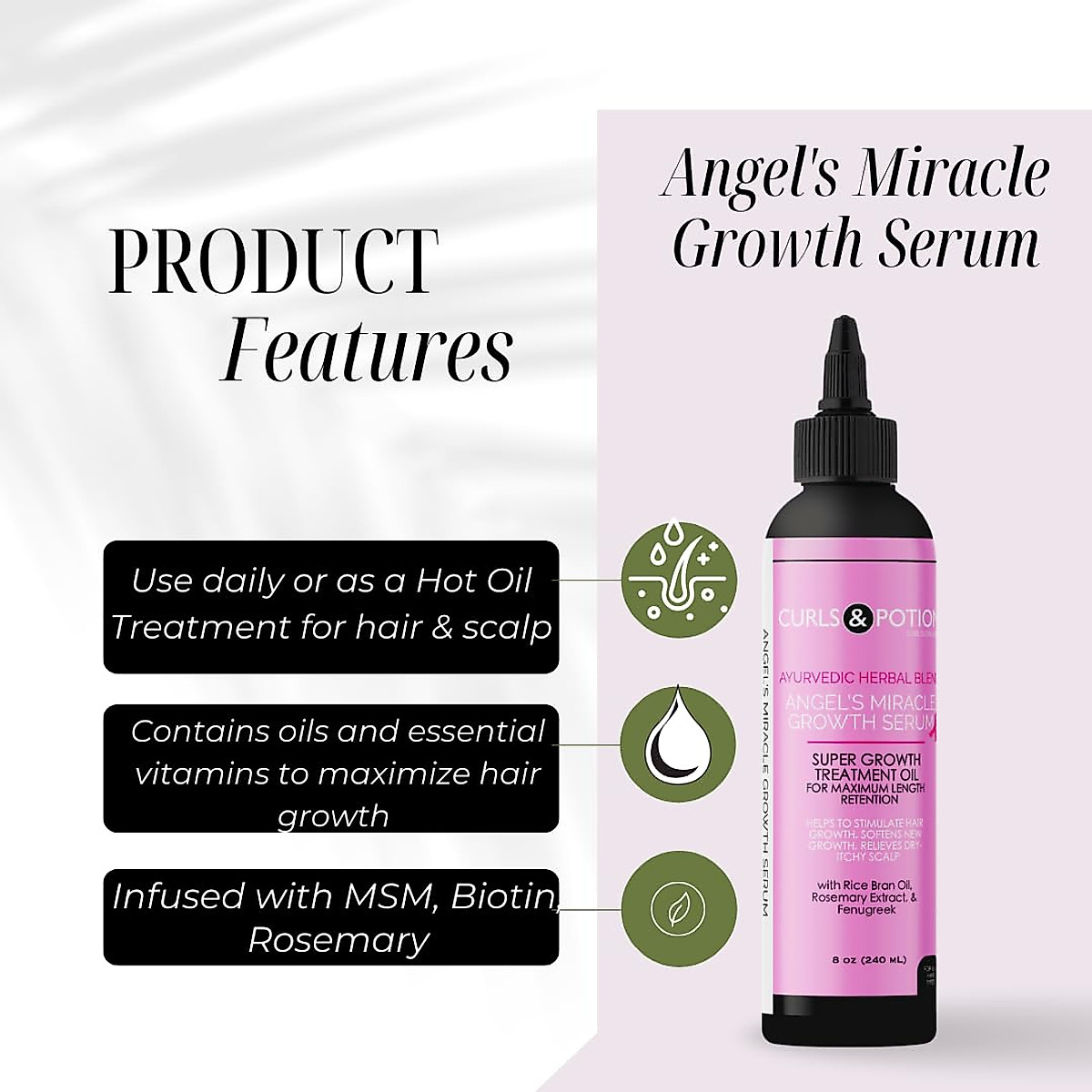 Curls & Potions Angel Serum Scalp & Hair Treatment Oil with Biotin & Essential Oils, Split Ends, Hair Growth, Dry Flaky Scalp for all hair types 8 oz