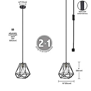 Globe Electric 60846 1-Light Plug-In or Hardwire Pendant Lighting, Dark Bronze, Antique Brass Accent Socket, Cage Shade, 15-Foot Black Fabric Cord, In-Line On/Off Switch, Pendant Lights Kitchen Island