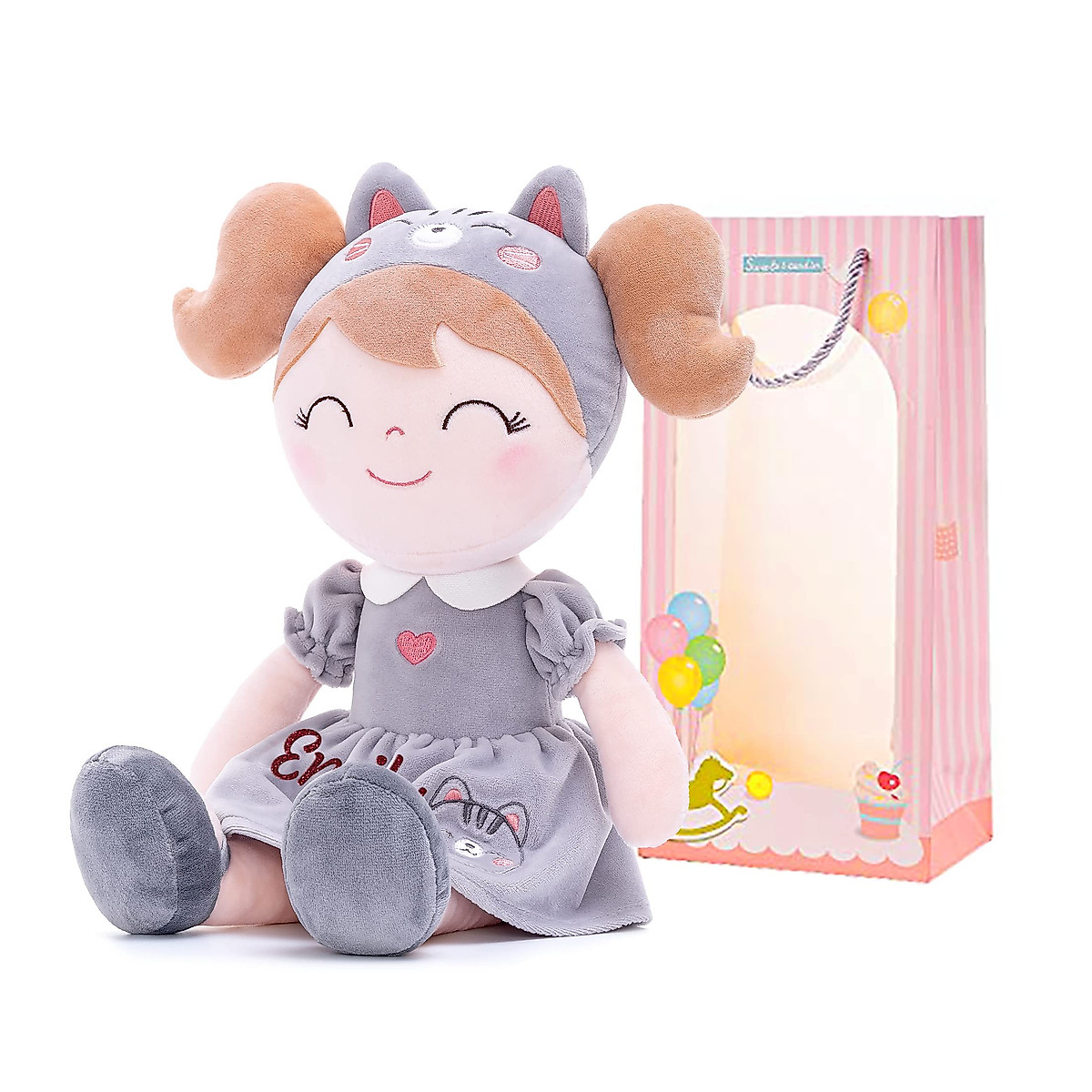 Gloveleya Personalized Doll with Your Name - Cute Gray Cat Custom Soft Plush Doll for Girls Plush Doll Customized Gifts - Muñecas de Trapo Personalizadas para Niñas
