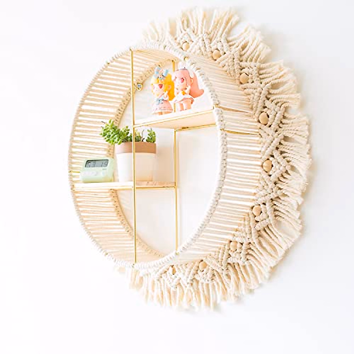 Diocos Boho Round Wall Shelf Macrame Floating Shelf Circle Decorative Storage Shelves Crystal Display Rack