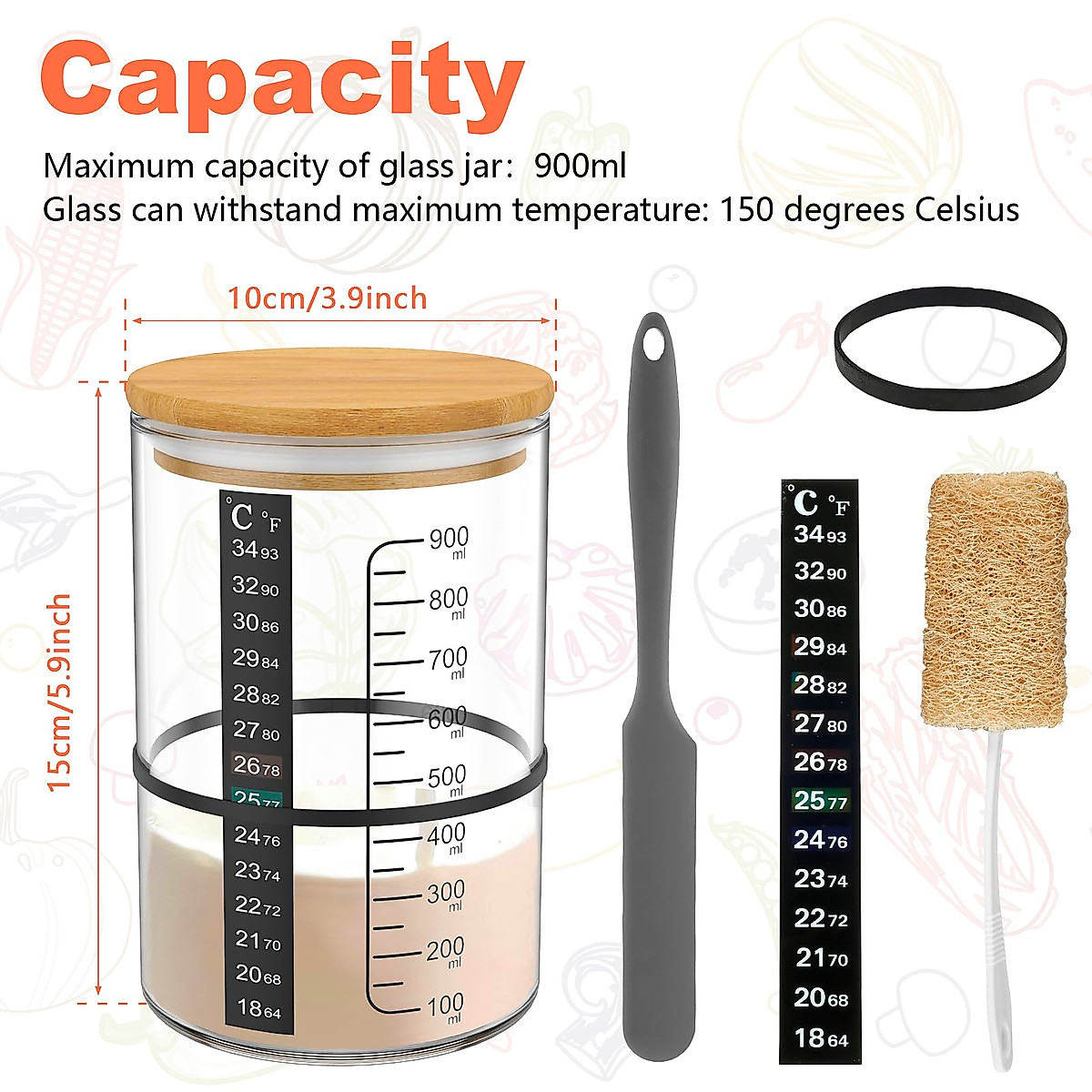 Sourdough Starter Jar Kit with Wooden Lid, 900ml/30.4oz Sourdough Starter Container, Clear Glass Sourdough Starter Cup Wide Mouth Sourdough Jar Kit with Spatula Rubber Band Loofah for Breads Baking