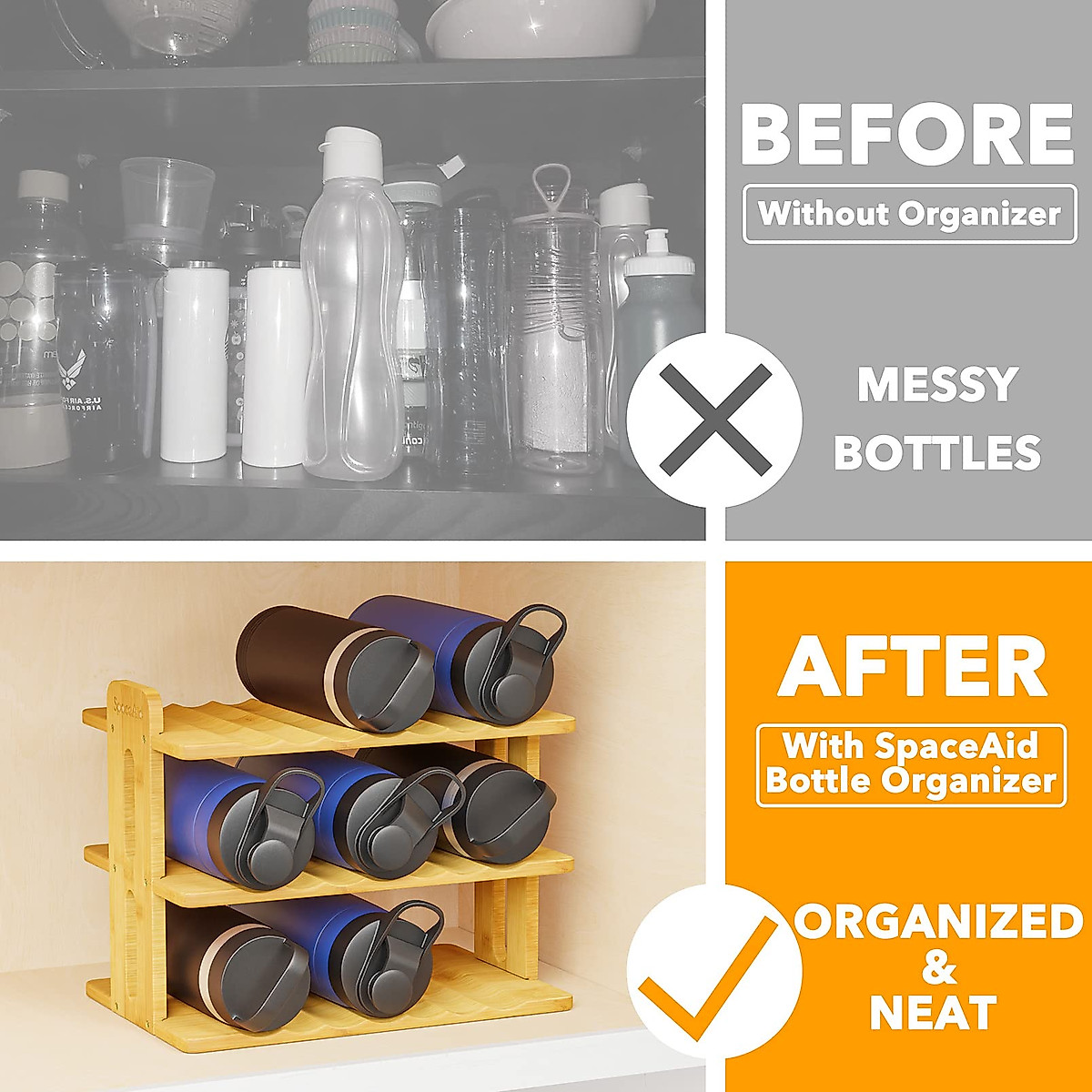 SpaceAid Bamboo Water Bottle Organizer with Labels, Kitchen Pantry Water Bottle Storage Rack for Cabinets, Home Cup and Wine Bottle Holder Shelf Organizers, (3-Tier, Hold 9 Bottles)