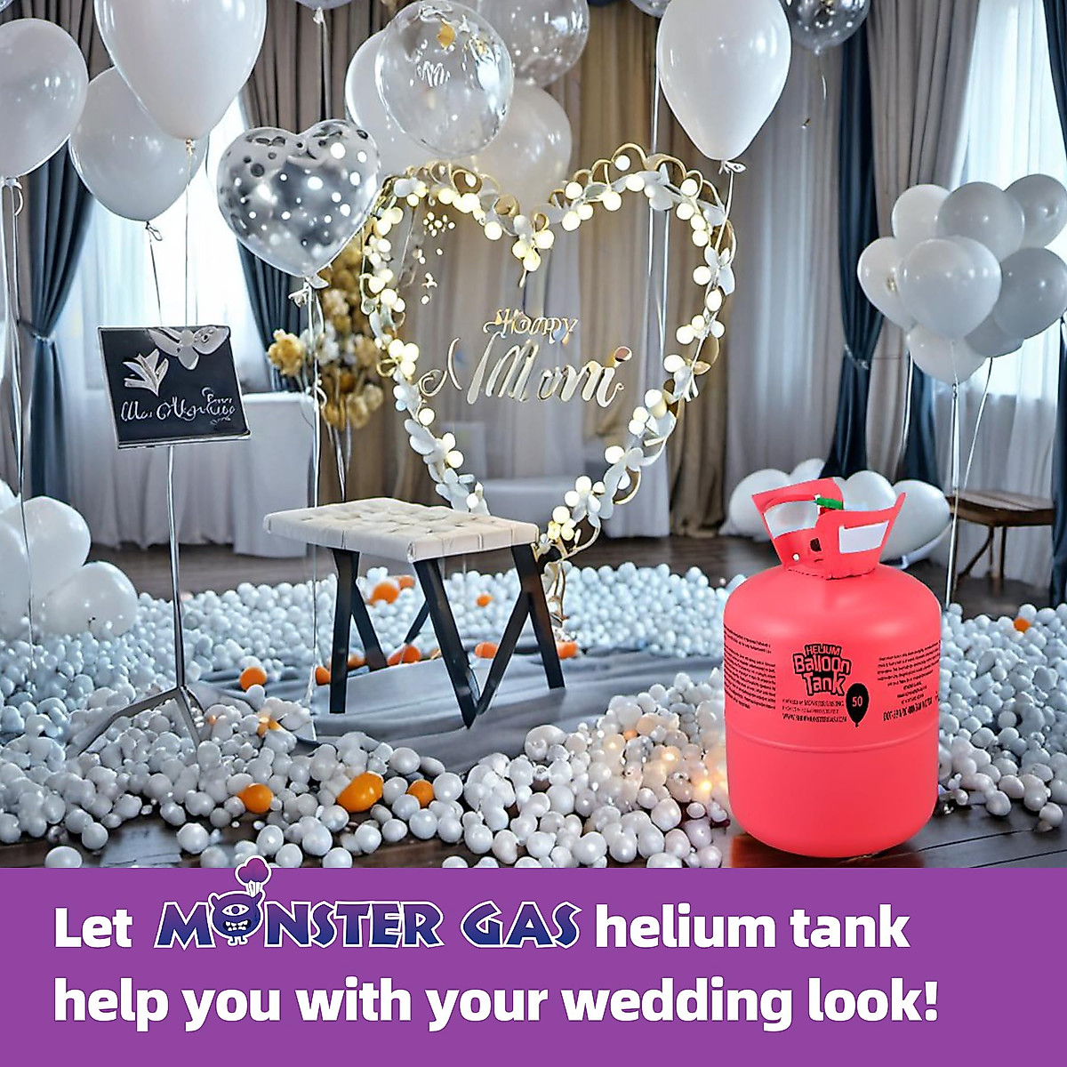 Monster Gas 22L Helium Tank For Balloons At Home, Balloon Helium Tank Up To 100 Latex Balloons, Small Helium Tanks, Attachment: 50 9" Latex Balloons+3 White Ribbon