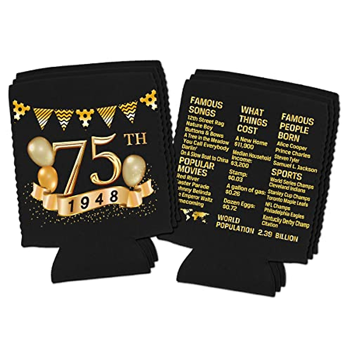 75th Birthday Can Cooler Sleeves Pack of 12-75th Anniversary Decorations- 1948 Sign - 75th Birthday Party Supplies - Black and Gold 75th Birthday Cup Coolers