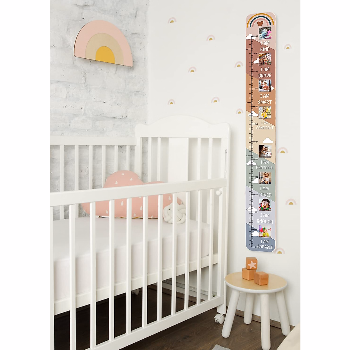 Solid Wood Inspirational Growth Chart for Kids with Photo Windows, Motivational Height Chart for Kids, Foldable Kids Height Wall Chart Milestone Marker, Positive Birthday Gift for Girls Room Decor