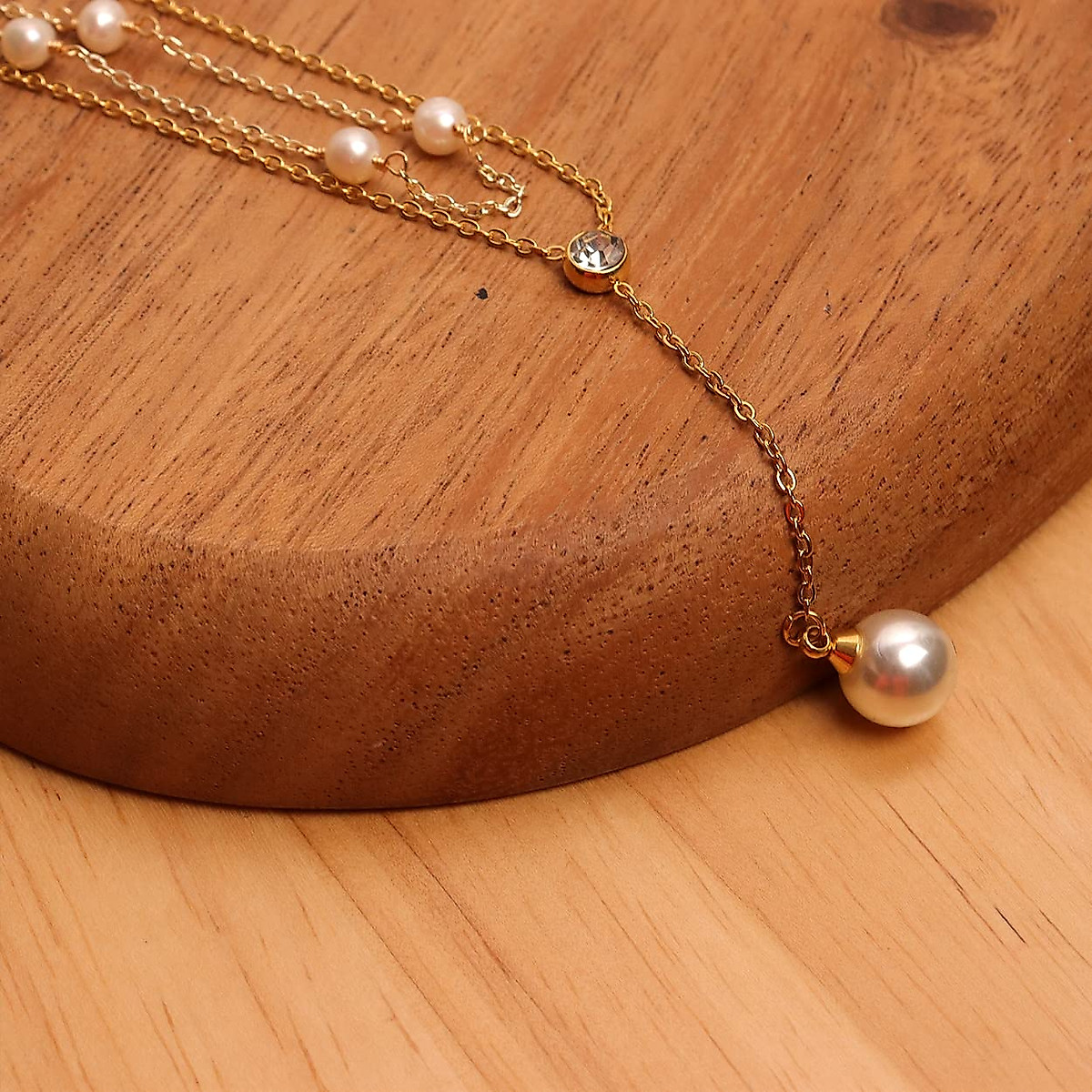 Jean Beau 2PCS Small Pearl Strand Layered Chain Gold Station Choker Necklaces - Dainty Long Drop Dangle Rhinestone Zirconia Y Necklace Accessories Jewelry Gift for Women