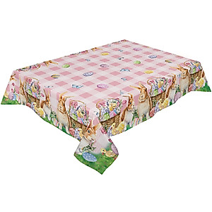 ZEREAA Waterproof Spillproof Rectangle Tablecloth, Pink Plaid Easter Bunny and Floral Spring Theme Table Cover Kitchen, Living Room Dining Table Cloth 60"x84"