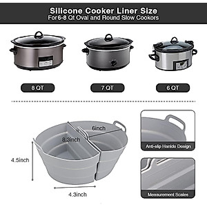 ChefAid Slow Cooker Divider Liners with Handle, 100% Silicone Reusable Slow Cooker Liners Compatible with 6-8 Quart Oval or Round Slow Cooker, Fits 7 Quart Crockpot Liners (Grey, 2 Pack)