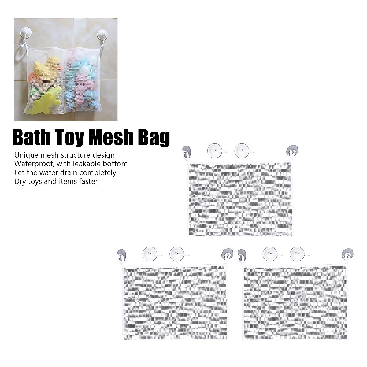 3 Pieces Bath Toy Organizer Bath Toy Holder with Strong Suction Cups and Hooks, Bathtub Toys Net Holder Organizer, Corner Shower Caddy Bag for Kids and Toddlers, Bathroom Hanging Mesh Basket