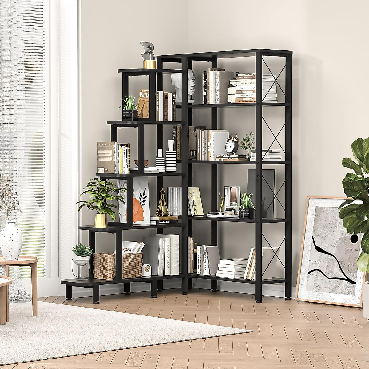 PONROL Corner Bookshelf Bookcase, Large Reversible 5 Tier Ladder Shelves Storage Display Rack with Metal Frame, Industrial Home Office Furniture for Living Room Bedroom, Black