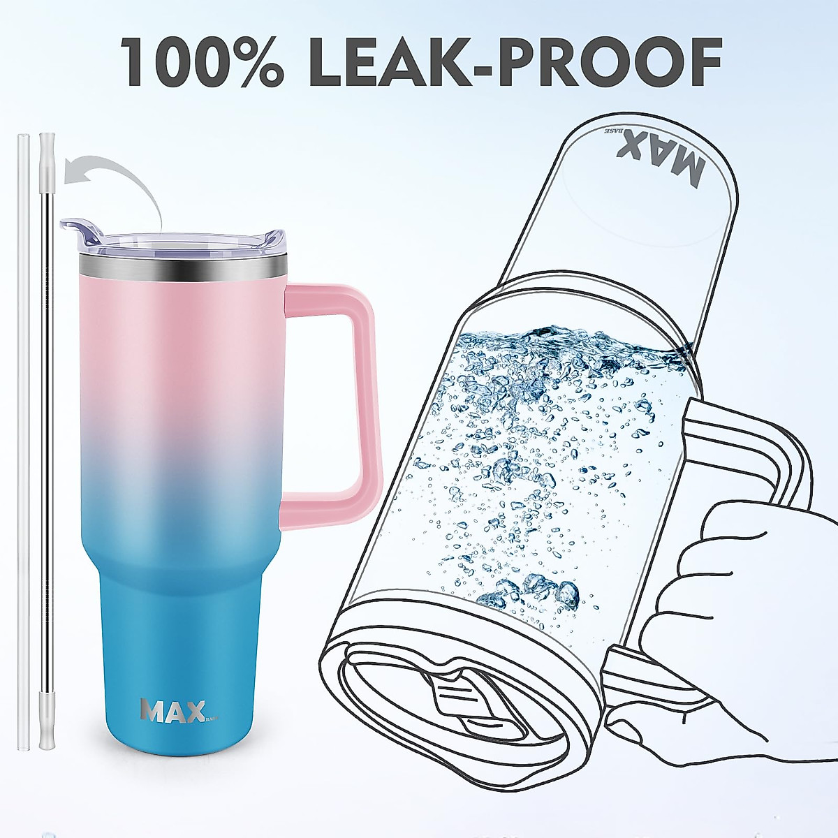 MaxBase 40 Oz Tumbler with Handle and Straw Lid, Insulated Reusable Stainless Steel Travel Mug Keeps Drinks Cold up to 34 Hours, 100% Leakproof Bottle (Bubble)
