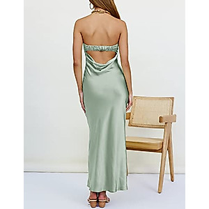 ZESICA Women's 2023 Summer Satin Strapless Dress Sexy Backless Bodycon Wedding Cocktail Party Maxi Dresses,Sage,Large