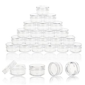 25 Count 3 Gram Sample Containers, Clear Lip Balm Containers with Lids, Small Plastic Sample Jars with 2 Mini Spoons, 25pcs Labels (Clear Lid)