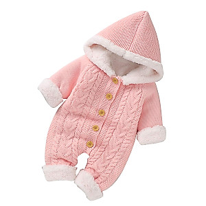 Camidy Baby Hooded Jumpsuit,Toddler Knitted Romper Cotton Long Sleeve One-Piece Coveralls