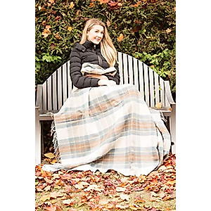 Patrick King Woollen Company Merino Wool Tartan Throw Blanket 69" x 62" Stewart Muted Blue Fringed Plaid Blanket for Home Decor, Camping & Everyday Use | Warm Thick Durable Sustainable Wool Throw