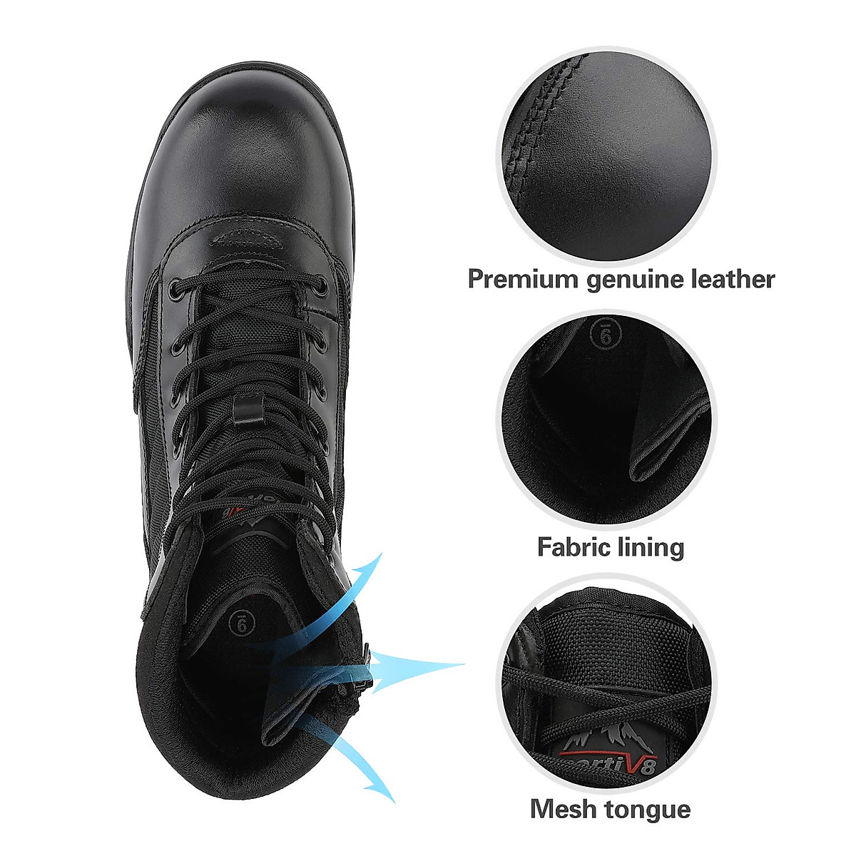 NORTIV 8 Mens Military Tactical Work Boots Side Zipper Leather Outdoor 8 Inches Motorcycle Combat Boots Size 12 Wide US Trooper-W, Black-8 Inches