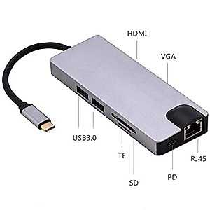 Pocket-Sise Design Multi-fuction 8 in 1 USB 3.1 Type C Adapter Docking Station Combo (Aluminum Alloy Made) with PD Charge/USB 3.0X2/1000M Gigabit LAN/4K HDMI/VGA/TF/SD