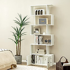 Tangkula S Shaped Bookshelf with Cabinet, 6-Tier Bookcase with Doors, Freestanding Geometric Bookshelves for Living Room, Anti-toppling Device, Home Office Décor Wooden Storage Display Shelf
