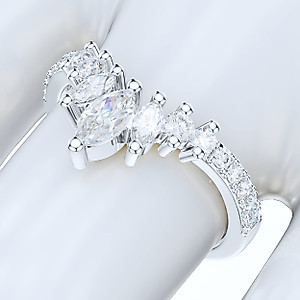 PRSTANI Sterling Silver Slight V Shaped Crown Simulated Marquise & Round Diamond Matching Ring Wedding Band (5)