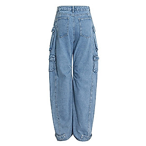 Vakkest Womens Jeans Cargo Pants Casual Wide Leg Flap Pocket Baggy Combat Military High Waist Denim Trouser Clubwear Y2K