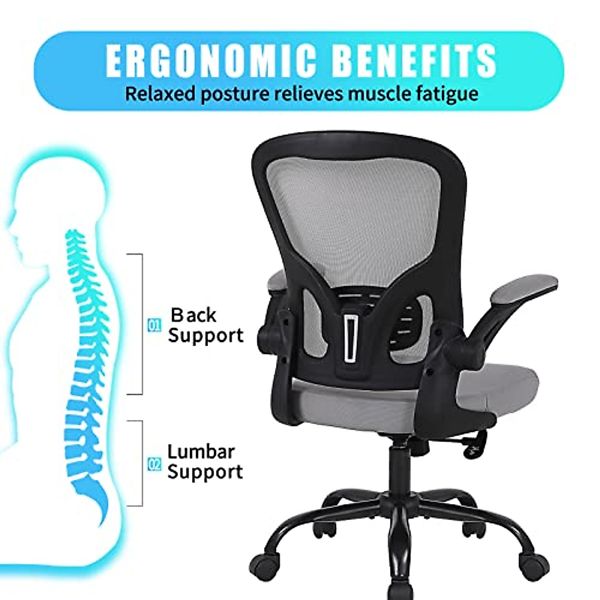 Flysky Ergonomic Office Chair, Mesh Home Office Desk Chair with Flip-up Arms and Lumbar Support, Height Adjustable, Swivel, Gray