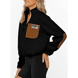 Dokotoo Fleece Jacket for Women Full Zip Up Pathes Windproof Drawstrings Running Long Sleeves Stand Collar Front Pockets Oversized Outdoor Sweatshirts,Black Small