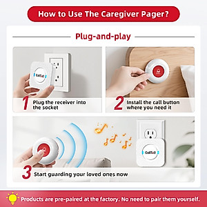 CallToU Wireless Caregiver Pager Smart Call System 2 SOS Call Buttons/Transmitters 2 Receivers Nurse Calling Alert Patient Help System for Home/Personal Attention Pager 500+Feet Plugin Receiver