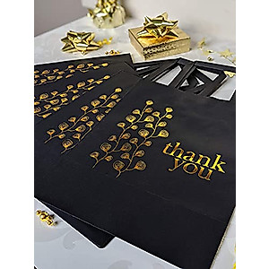 Thank You Bags Bulk with Flat Handles Pack of 50, Black Kraft Paper Bags with Gold Foil Stamp Image Medium Size 10x 4.75 x 8 Inches