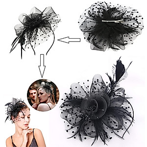 Bniksok Black Fascinator Hat for Women Tea Party Headpiece Horse Race Organza Headband Hair Clip Church Hat for Cocktail Wedding Halloween
