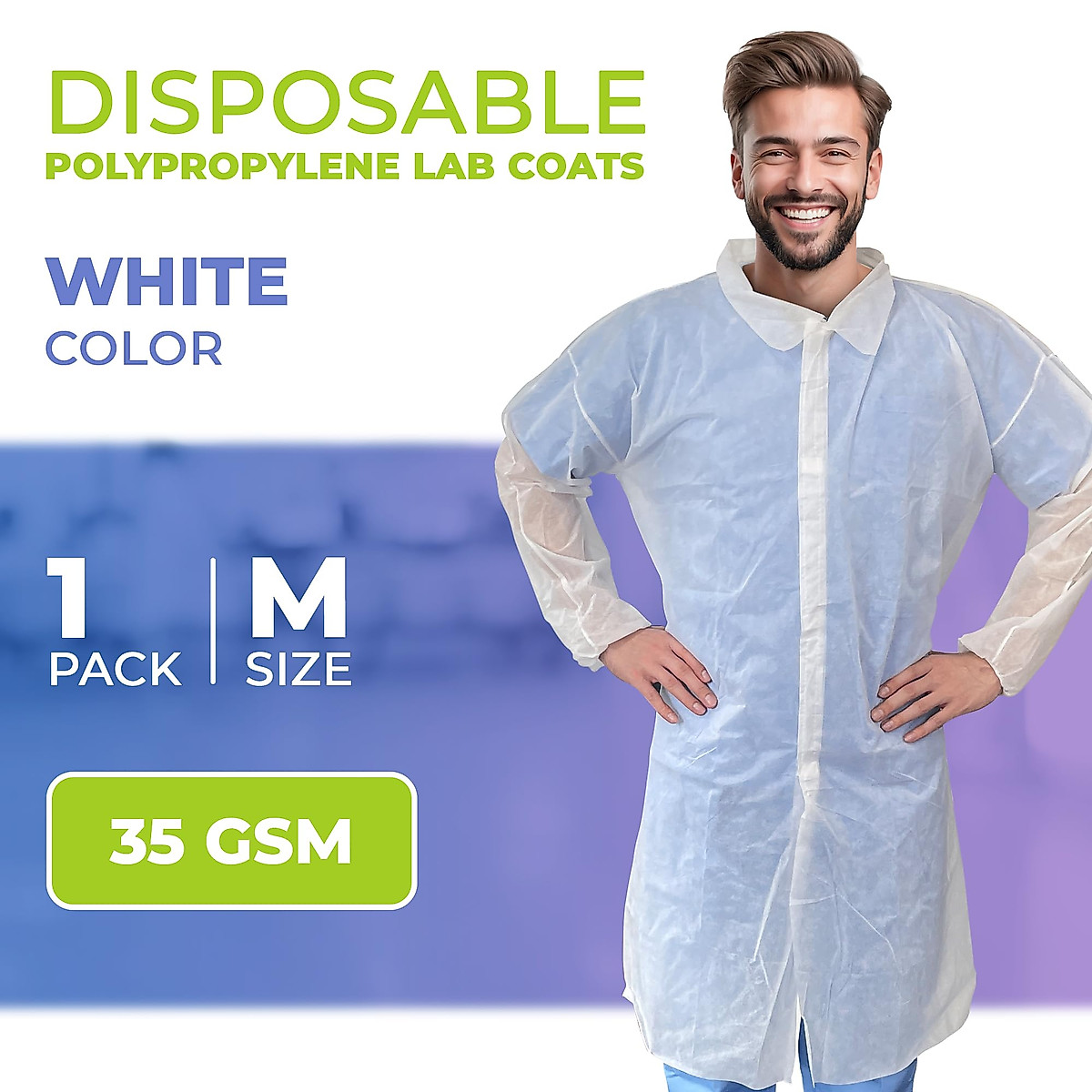 AMZ Medical Supply White Disposable Lab Coat, M. 35 GSM Polypropylene Fabric Medical PPE Coat. Knee-Length Disposable Lab Coats for Adults with Elastic Wrists, Loop Fasteners, No Pockets