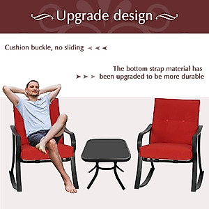 Betterland Outdoor 3-Piece Rocking Chairs Patio Bistro Sets, Glass-Top Coffee Table & Black Metal ​Patio Furniture with Thickened Cushions (Red)