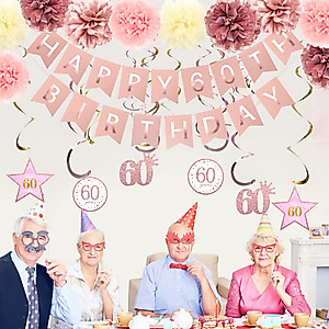 GuoZhiXin Rose Gold 60th Birthday Party Decorations , Rose gold Glittery Happy 60th Birthday Banner,Poms,Sparkling Hanging Swirls Kit for 60th Birthday Party Supplies