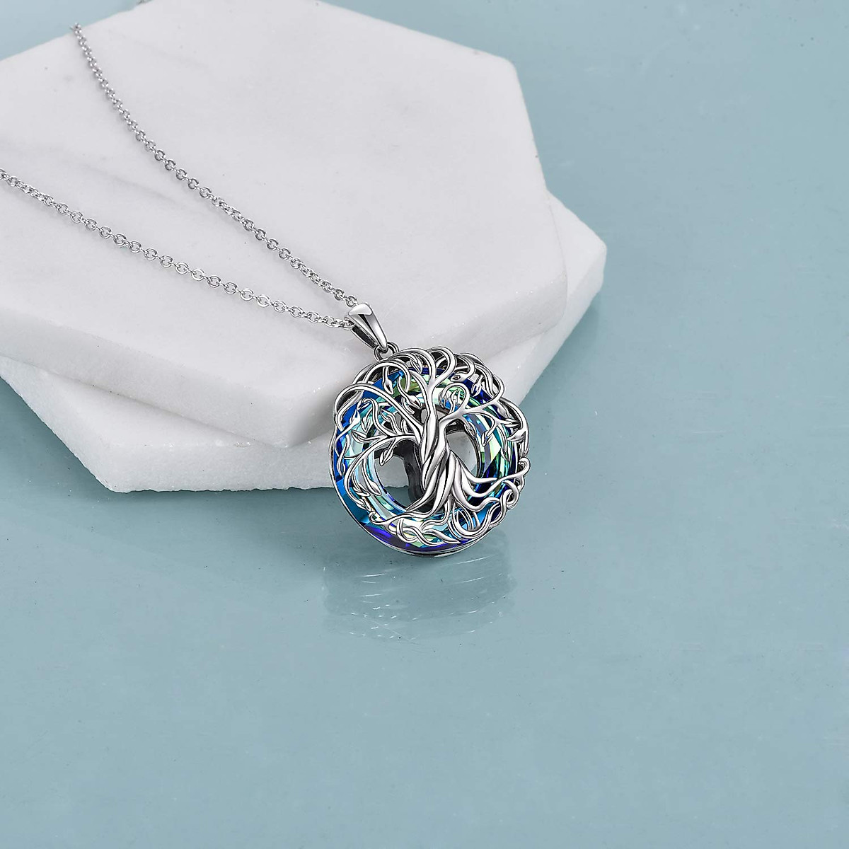TOUPOP Tree of Life Urn Necklace for Ashes Sterling Silver Cremation Necklace Memorial Keepsake Locket with Blue Circle Crystal w/Funnel Filler Cremation Jewelry Gifts for Women Girls