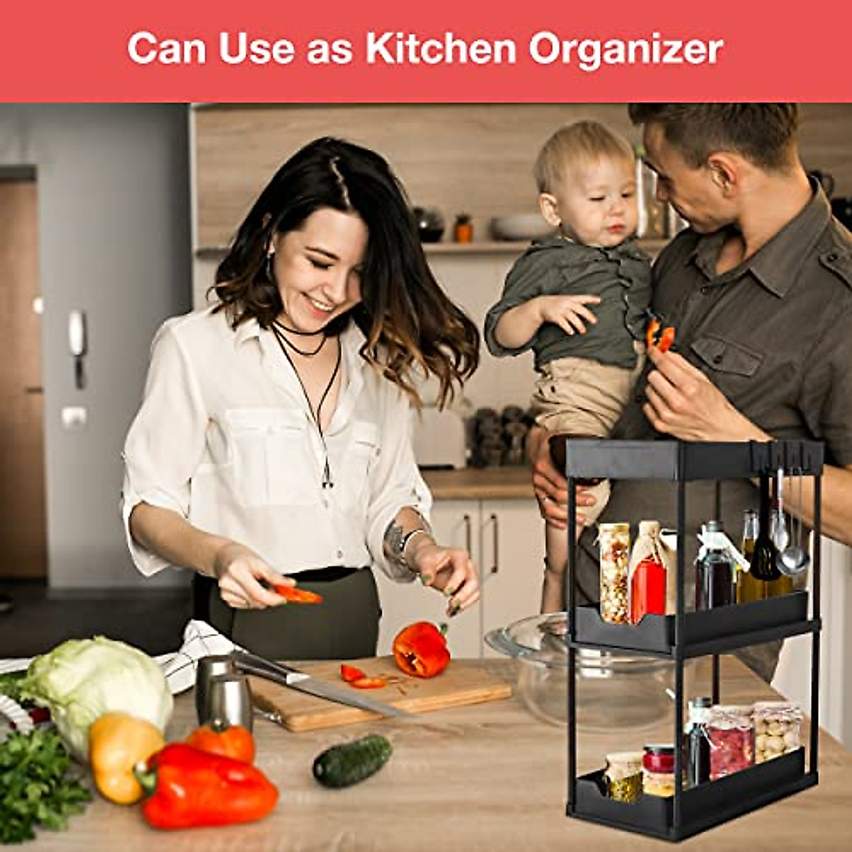 Solesoul 3-Tier Under Sink Organizers and Storage Unit - Bathroom and Kitchen Sink Organizers with 4 Hooks - Multi-Purpose Cabinet Organizer Shelf with Sliding Drawers - Black- White- Gray (Black)