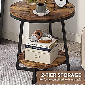 Tribesigns End Table, 2 Tier Round Side Table with Storage Shelf, Industrial Nightstand Bedside Table Coffee Accent Table for Living Room Bedroom Small Space, Rustic Brown