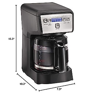 Hamilton Beach 12 Cup Compact Programmable Drip Coffee Maker with No-Drip Burosilicate Glass Carafe, 2-Hour Auto Shutoff, Space-Saving Design, Black with Stainless Steel Accents (46200)