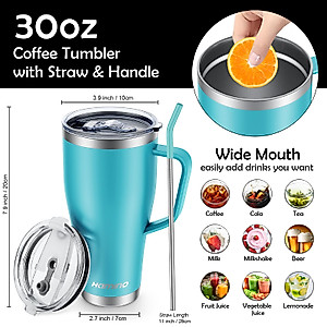 Hamino 30 oz Tumbler with Lid and Straw Handle, Double-Wall Vacuum Travel Coffee Mug with Handle, Stainless Steel Insulated Coffee Tumbler Mug Cup for Office Travel Car HOT COLD Drinks (Tiffany-Blue)
