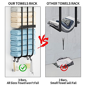 Wall Towel Rack for Rolled Towels, 3 Bars Towel Rack Wall Mounted with Metal Top Floating Shelf & 4 Hooks, Towel Holder for Bathroom Folded Large Towels, Blanket Towel Storage Shelves Organizer, Black