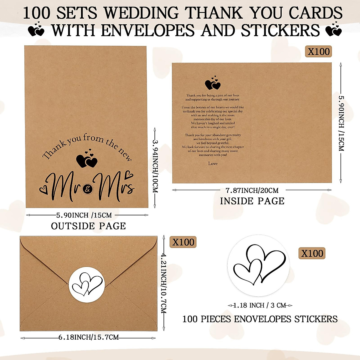 Spakon 100 Sets Wedding Thank You Cards with Envelopes and Stickers Wedding Themed Kraft Paper Thank You Card with Message Inside Mr and Mrs Thank You Notes for Bridal Shower Anniversary Guests