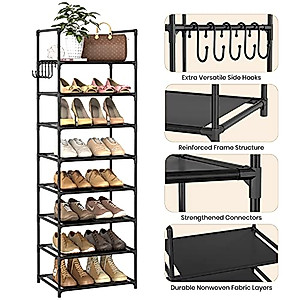 LANTEFUL 8 Tiers Tall Shoe Rack, Narrow Vertical Shoe Rack for Entryway Closet, 16-20 Pairs Shoe and Boots Organizer Storage Sturdy Shoe Shelf, Metal Stackable Shoe Stand with Hooks